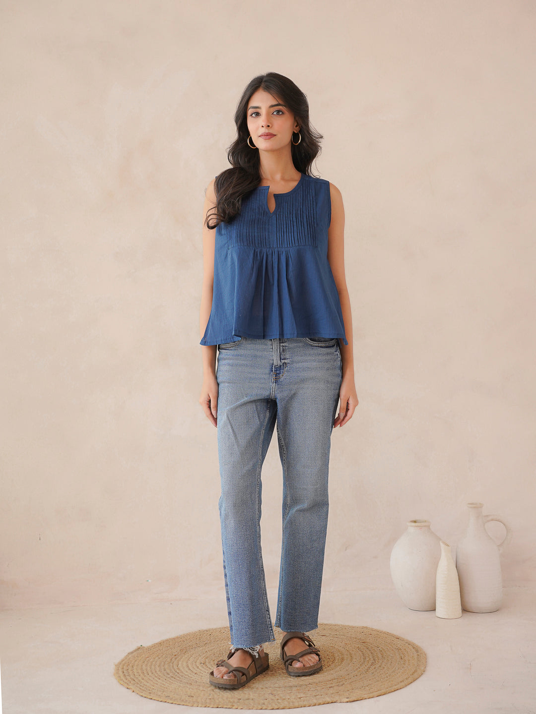 Sleeveless Cotton Solid Breezy Top Blue - Goodhand
